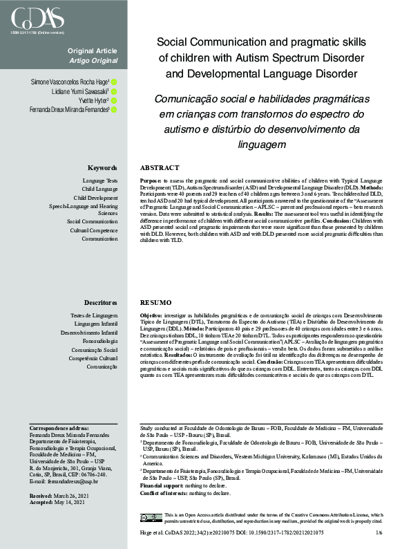 (PDF) Social Communication and pragmatic skills of children with Autism ...