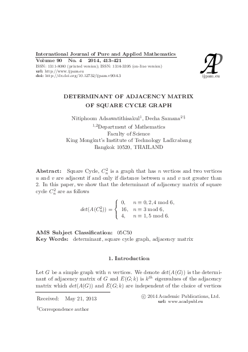 Pdf Determinant Of Adjacency Matrix Of Square Cycle Graph