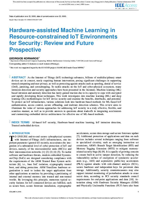 Pdf Hardware Assisted Machine Learning In Resource Constrained Iot Environments For Security