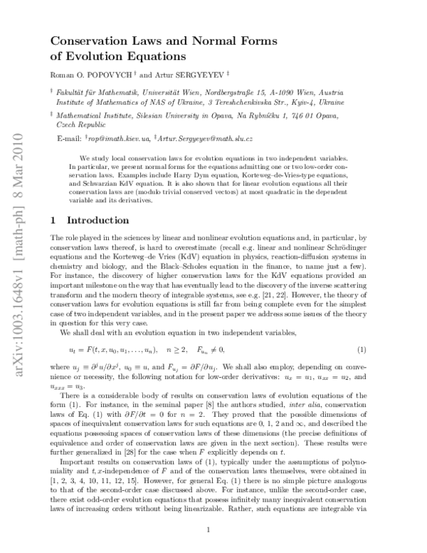 (PDF) Conservation laws and normal forms of evolution equations, Phys