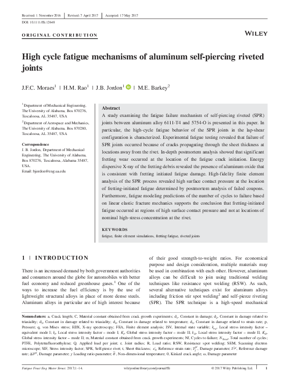 (PDF) High cycle fatigue mechanisms of aluminum self-piercing riveted ...