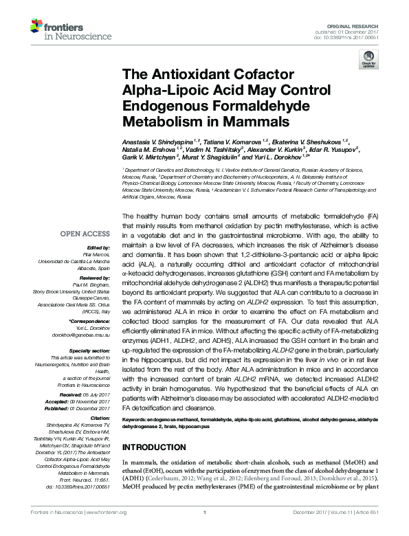 (PDF) The Antioxidant Cofactor Alpha-Lipoic Acid May Control Endogenous ...