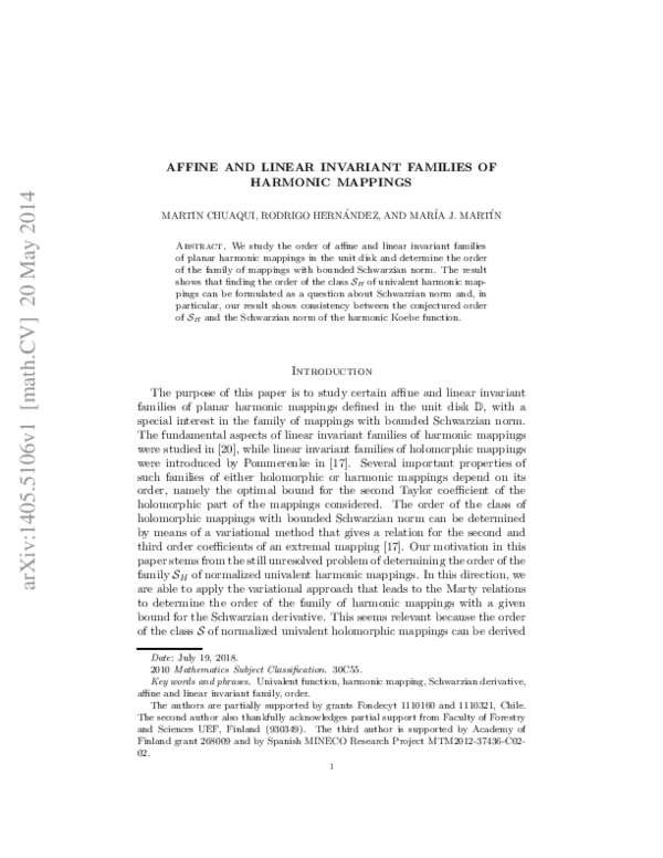 (PDF) Affine and linear invariant families of harmonic mappings