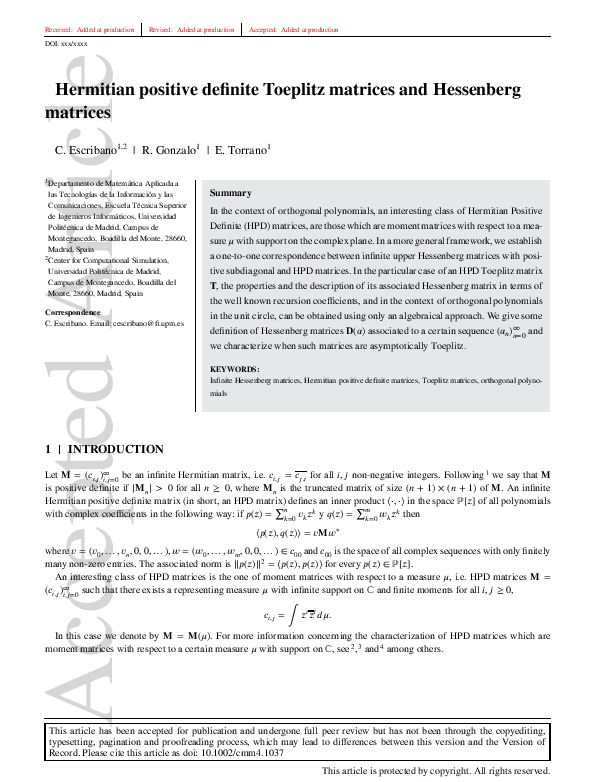 (PDF) Hermitian positive definite Toeplitz matrices and Hessenberg matrices