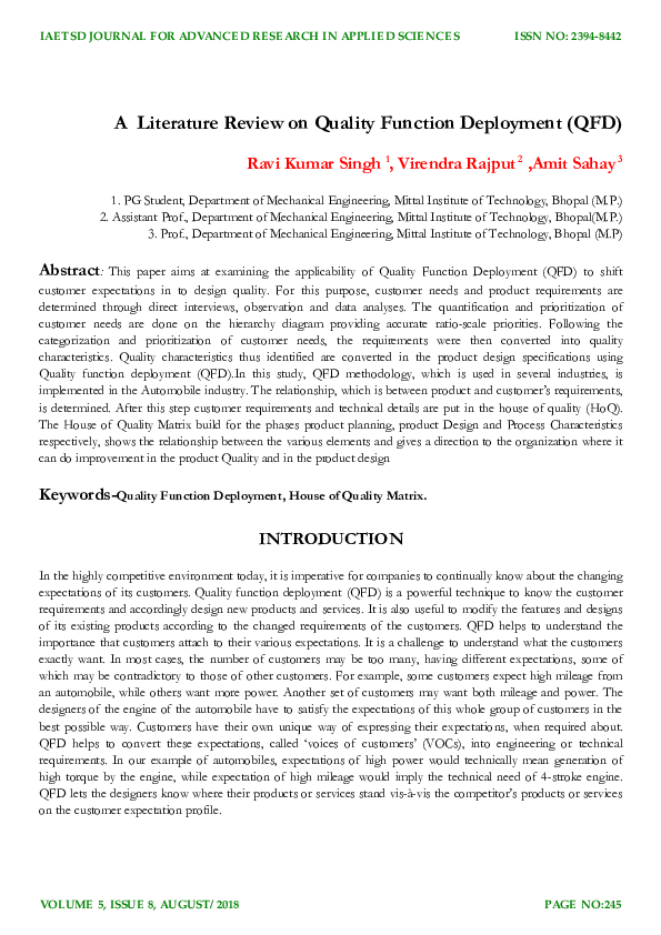 (PDF) A Literature Review on Quality Function Deployment (QFD)