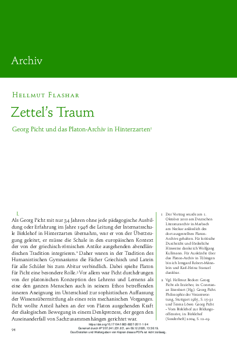 (PDF) Zettel’s Traum. Georg Picht und das Platon-Archiv in Hinterzarten
