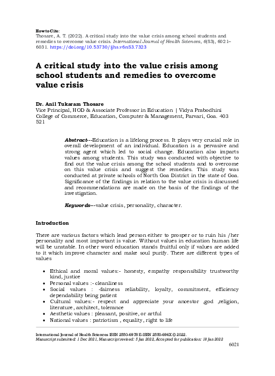 (PDF) Critical Study Into the Value Crisis Among School Students and ...