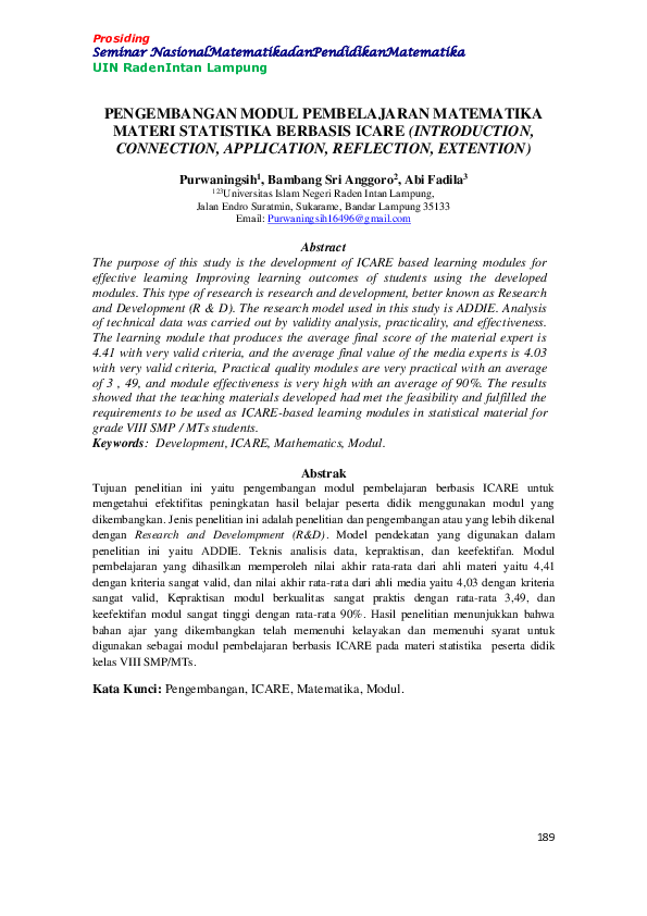 (PDF) Pengembangan Modul Pembelajaran Matematika Materi Statistika Berbasis Icare (Introduction ...