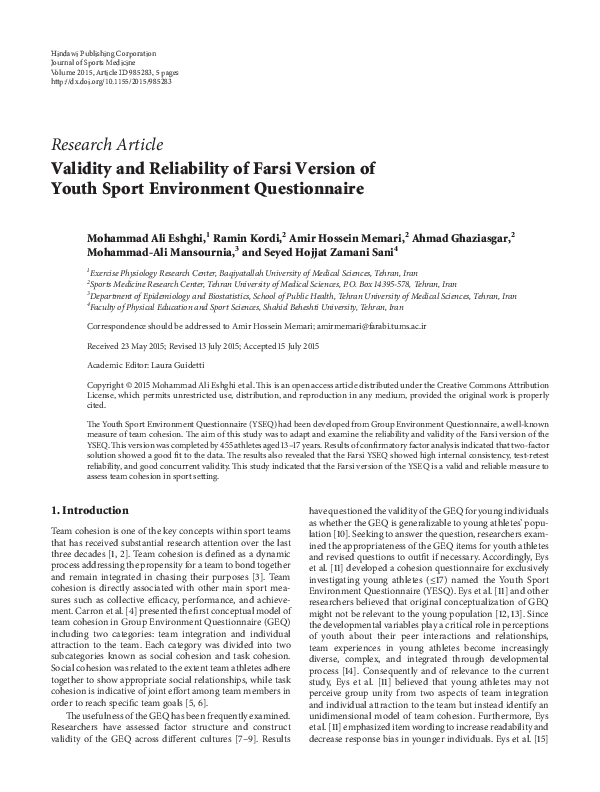 (PDF) Validity and Reliability of Farsi Version of Youth Sport Environment Questionnaire
