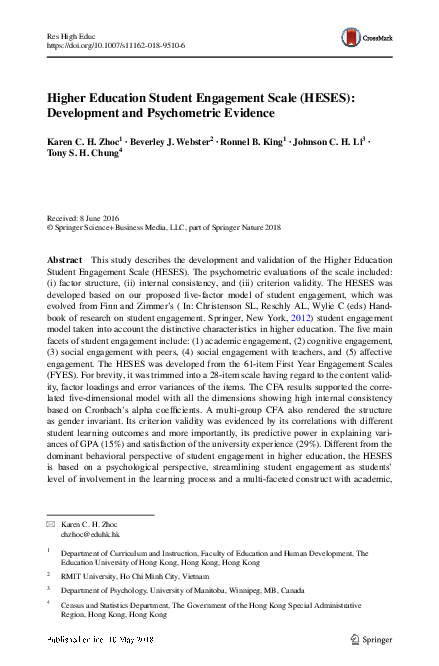 (PDF) Higher Education Student Engagement Scale (HESES): Development ...