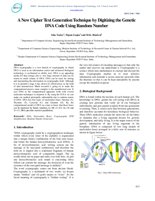 Pdf A New Cipher Text Generation Technique By Digitizing The Genetic Dna Code Using Random Number 