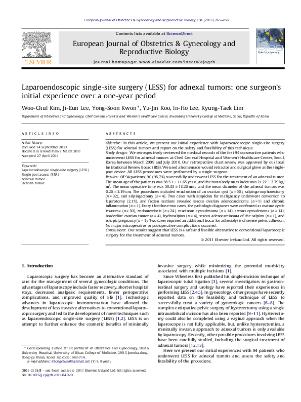 (PDF) Laparoendoscopic single-site surgery (LESS) for adnexal tumors ...