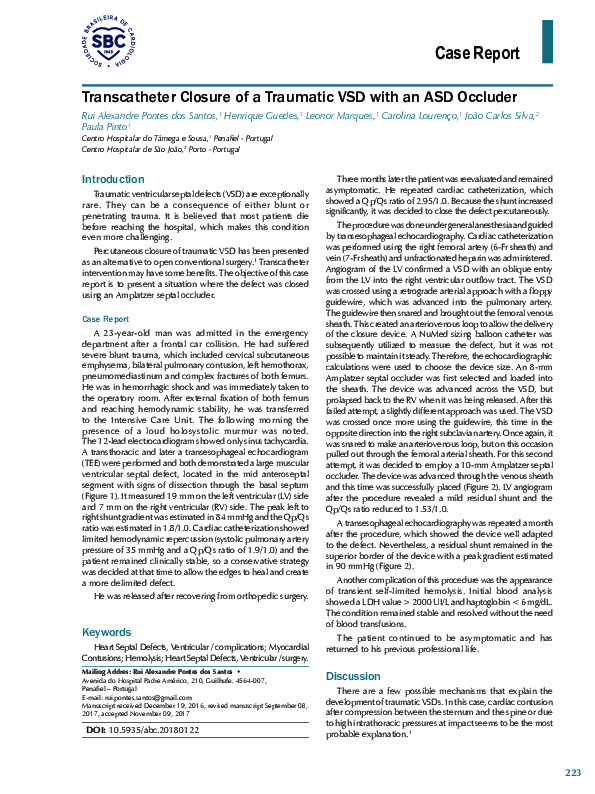 (PDF) Transcatheter Closure of a Traumatic VSD with an ASD Occluder