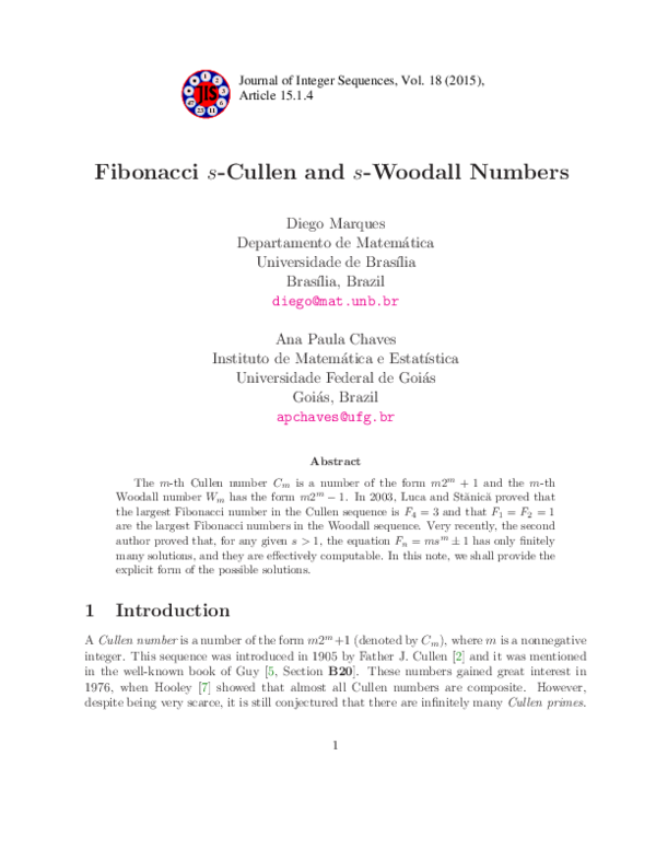 (PDF) Fibonacci s-Cullen and s-Woodall Numbers