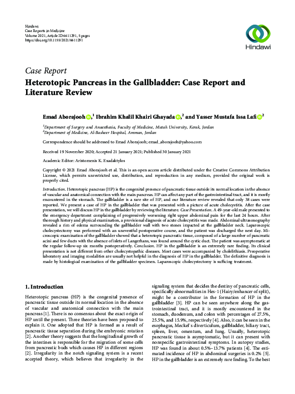 (PDF) Heterotopic Pancreas in the Gallbladder: Case Report and Literature Review
