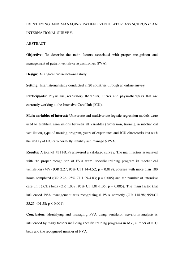 (PDF) Identifying and managing patient–ventilator asynchrony: An international survey