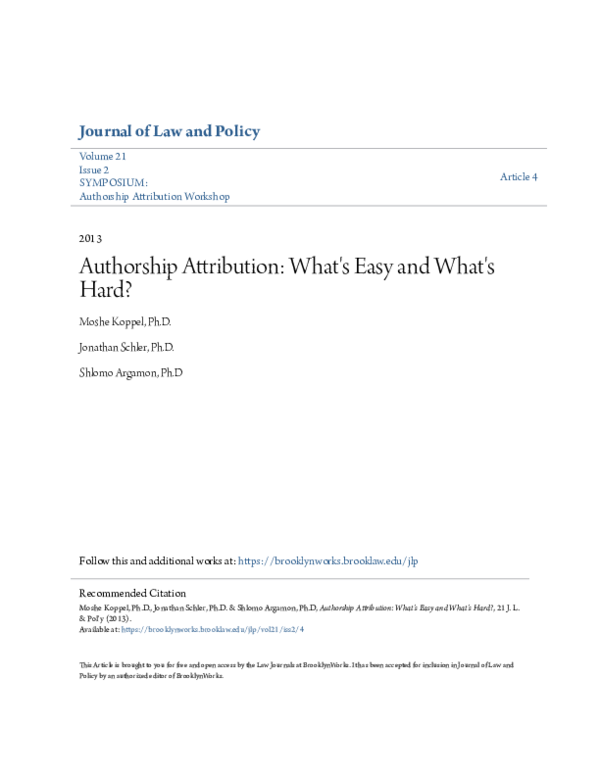 (PDF) Authorship Attribution: What's Easy and What's Hard?