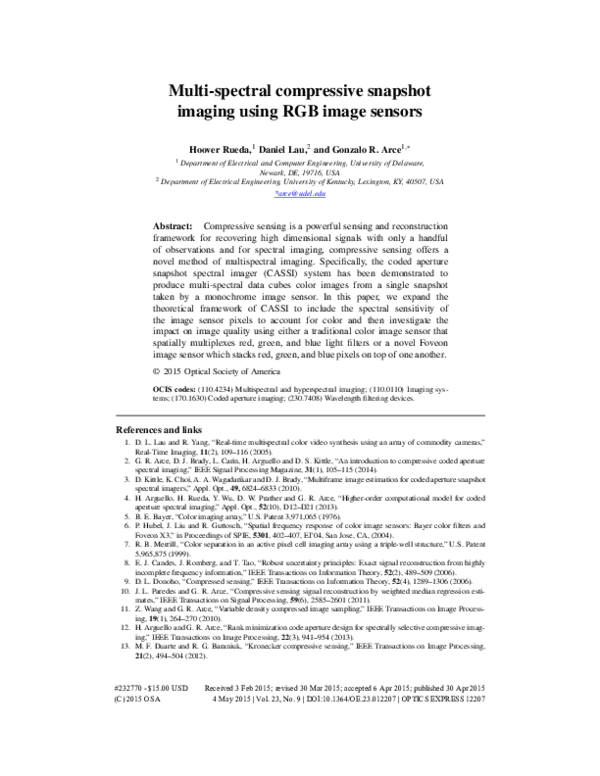 Pdf Multi Spectral Compressive Snapshot Imaging Using Rgb Image Sensors