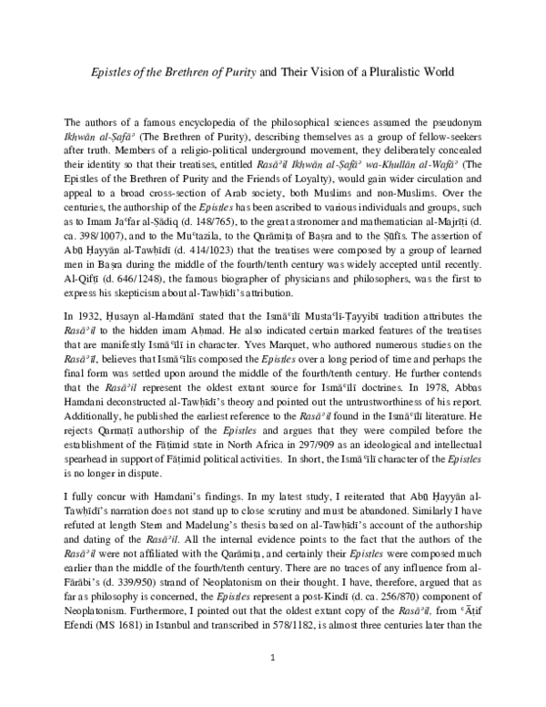 (PDF) Epistles of the brethren of purity and their vision of a ...