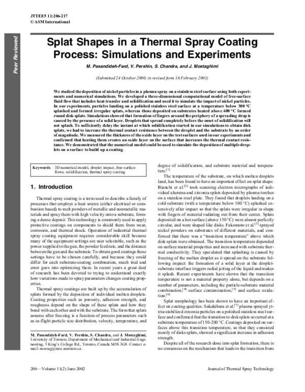 (PDF) Splat Shapes in a Thermal Spray Coating Process: Simulations and ...