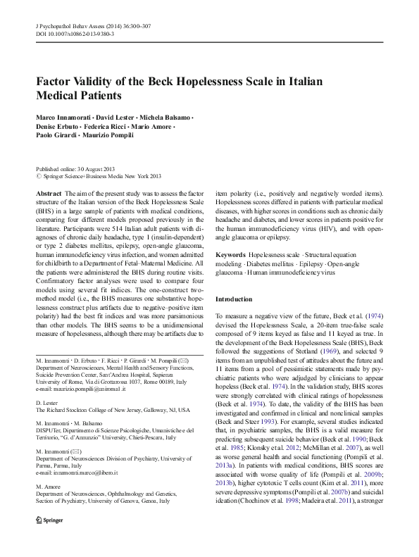 (PDF) Factor Validity of the Beck Hopelessness Scale in Italian Medical ...
