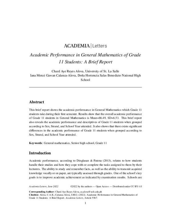 (PDF) Academic Performance in General Mathematics of Grade 11 Students ...