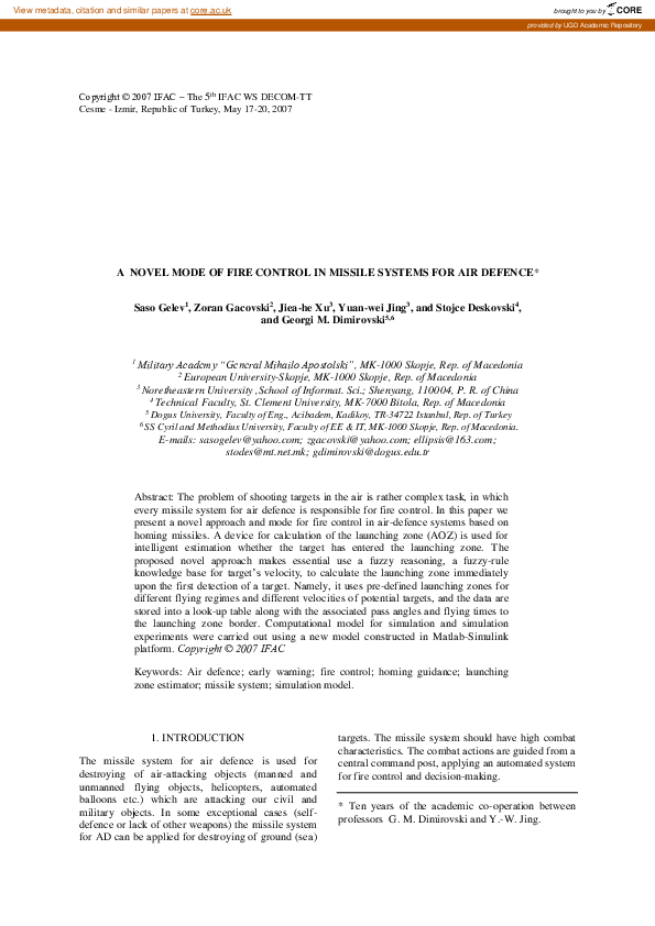 (PDF) A novel mode of fire control in missile systems for air defence