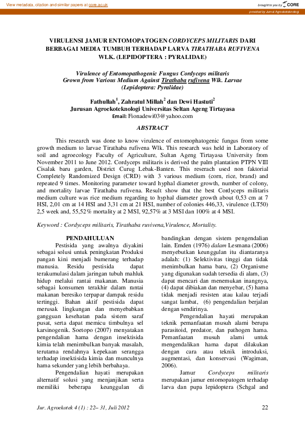 (PDF) Virulensi Jamur Entomopatogen Cordyceps Militaris Dari Berbagai ...