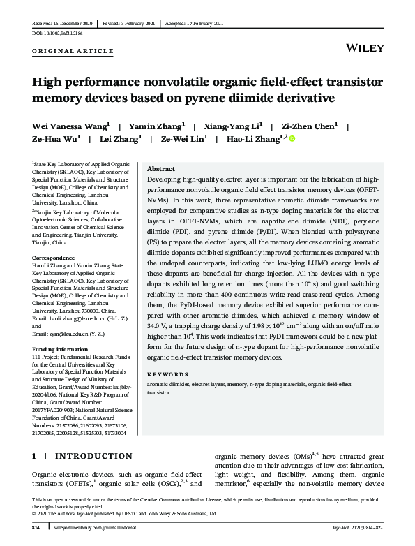 (PDF) High performance nonvolatile organic field‐effect transistor ... (PDF) High performance nonvolatile organic field‐effect transistor ...