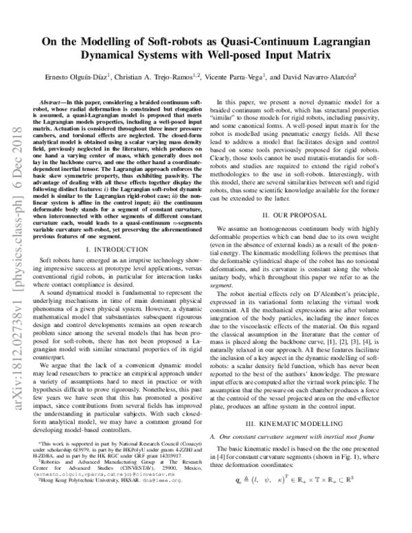 Pdf On The Modelling Of Soft Robots As Quasi Continuum Lagrangian Dynamical Systems With Well