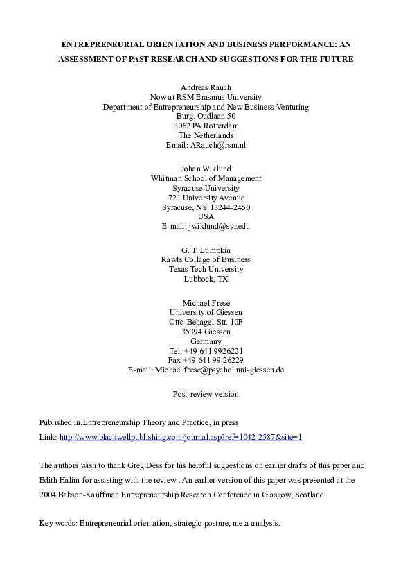 (PDF) Entrepreneurial orientation and business performance: An assessment of past research and ...