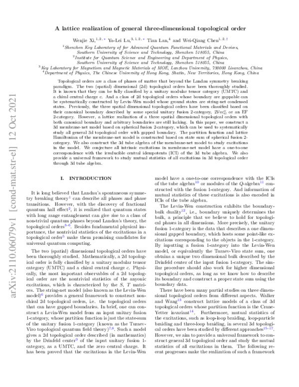 (PDF) A lattice realization of general three-dimensional topological order