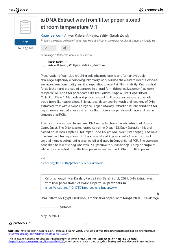 (PDF) DNA Extract was from filter paper stored at room temperature v1