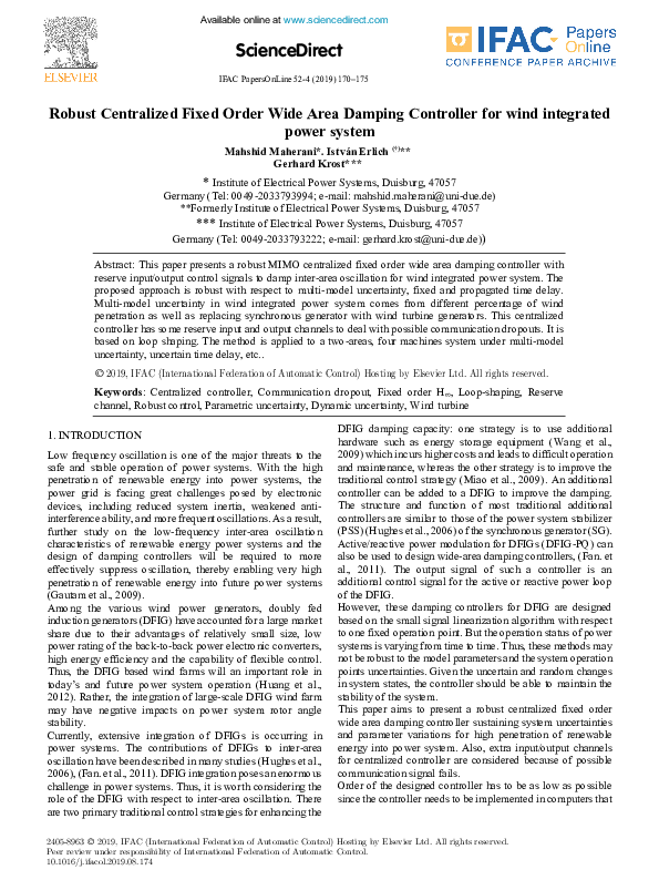 (PDF) Robust Centralized Fixed Order Wide Area Damping Controller for wind integrated power system