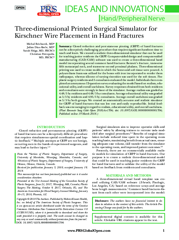(PDF) Three-dimensional Printed Surgical Simulator for Kirschner Wire ...