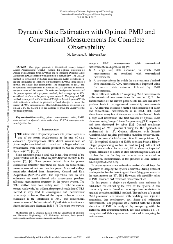 (PDF) Dynamic State Estimation With Optimal Pmu And Conventional ...
