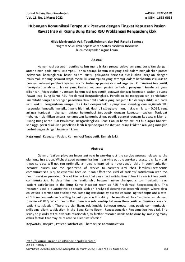 (PDF) Hubungan Komunikasi Terapeutik Perawat dengan Tingkat Kepuasan Pasien Rawat Inap di Ruang ...