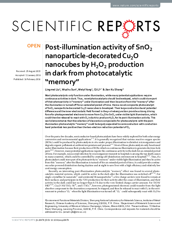 (PDF) Post-illumination activity of SnO2 nanoparticle-decorated Cu2O ...