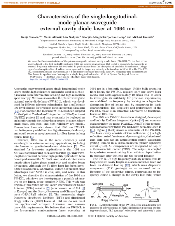 Pdf Characteristics Of The Single Longitudinal Mode Planar Waveguide