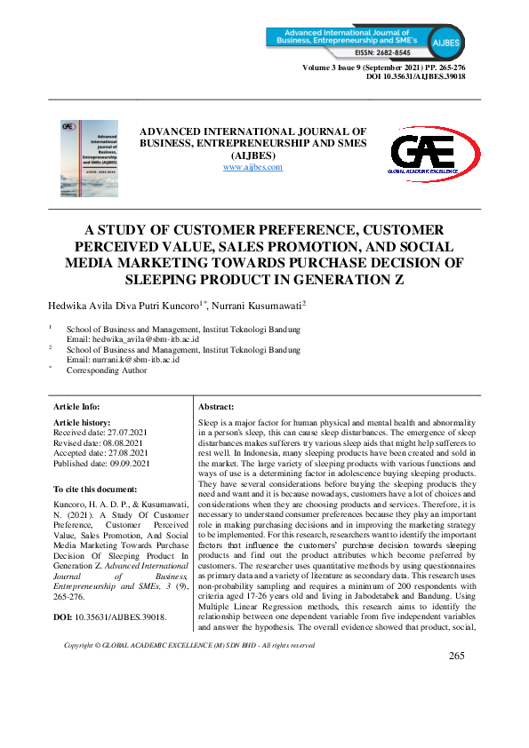 (PDF) A Study of Customer Preference, Customer Perceived Value, Sales ...