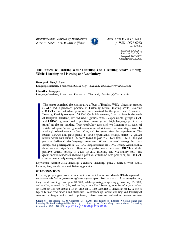 (PDF) The Effects of Reading-While-Listening and Listening-Before-Reading-While-Listening on ...