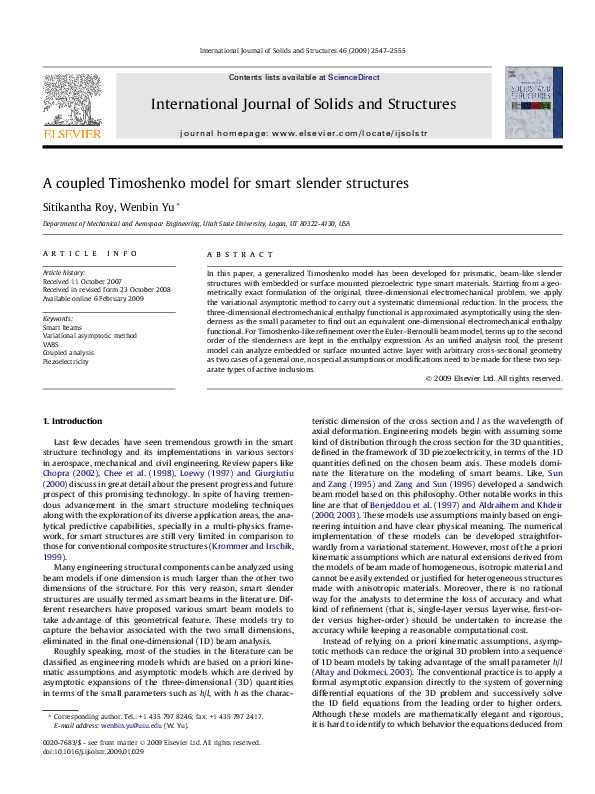 (PDF) A coupled Timoshenko model for smart slender structures