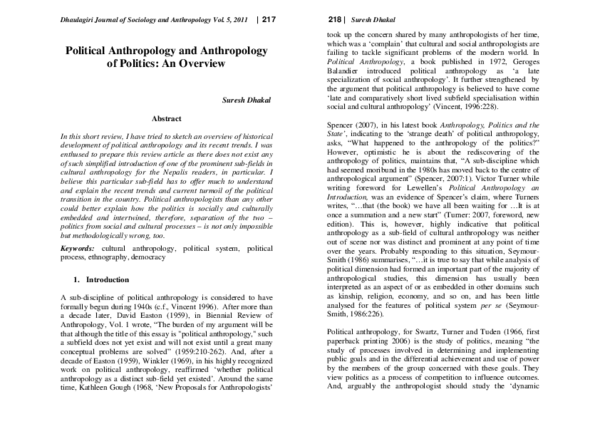(PDF) Political Anthropology and Anthropology of Politics: An Overview