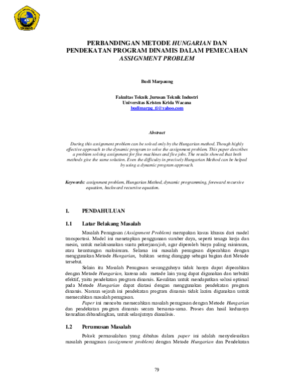 (PDF) Perbandingan Metode Hungarian Dan Pendekatan Program Dinamis ...