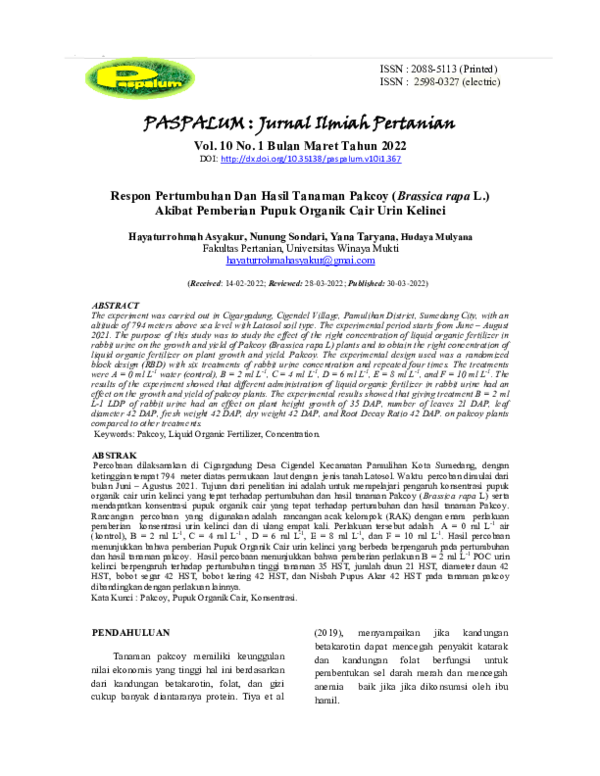 (PDF) Respon Pertumbuhan Dan Hasil Tanaman Pakcoy (Brassica rapa L.) Akibat Pemberian Pupuk ...
