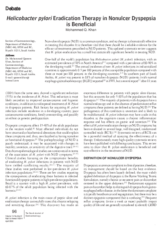(PDF) Helicobacter pylori eradication therapy in nonulcer dyspepsia is beneficial