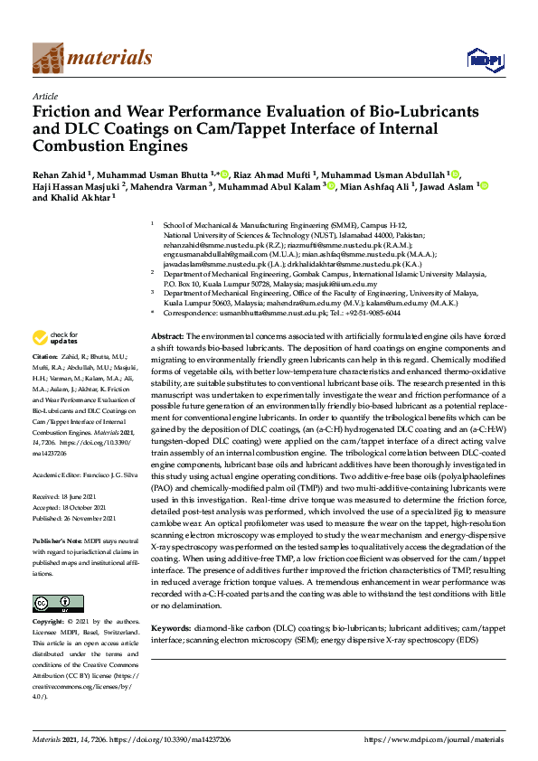 (PDF) Friction and Wear Performance Evaluation of Bio-Lubricants and DLC Coatings on Cam/Tappet ...