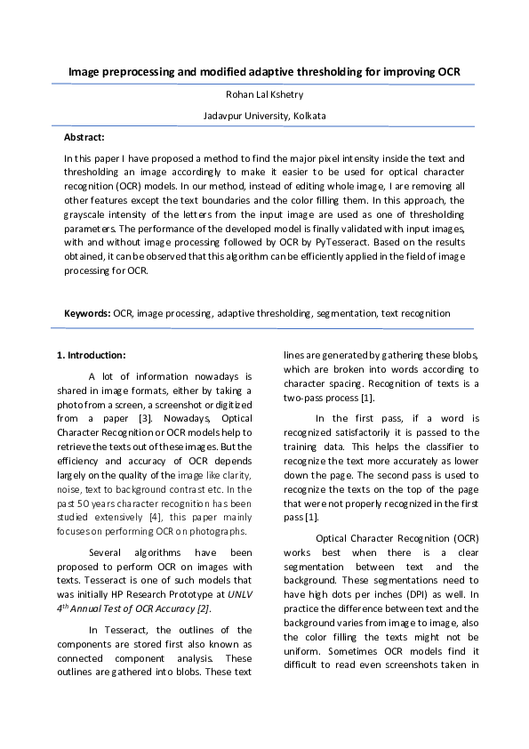 (PDF) Image Preprocessing and Modified Adaptive Thresholding for Improving Ocr