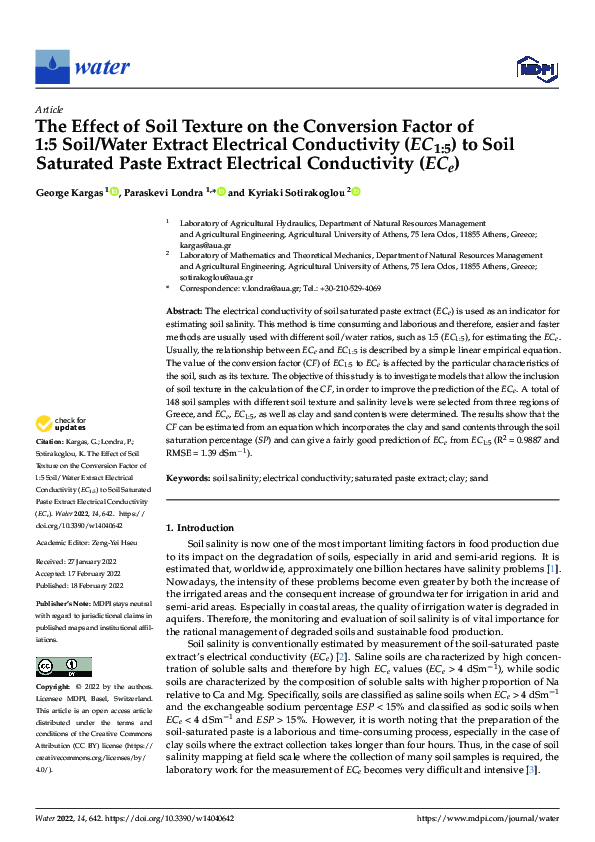 (PDF) The Effect of Soil Texture on the Conversion Factor of 1:5 Soil/Water Extract Electrical ...