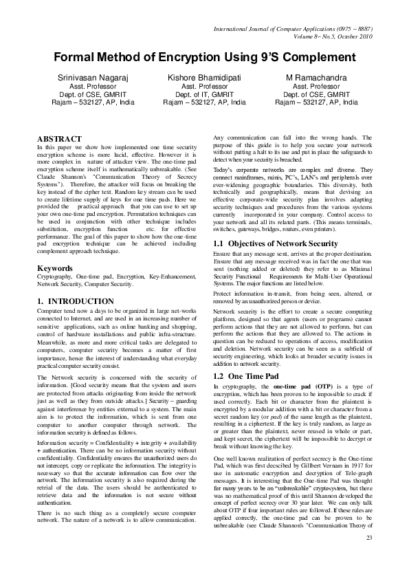 (PDF) Formal Method of Encryption Using 9'S Complement